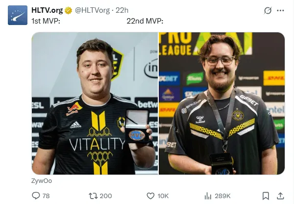 [流言板]差别有点大？HLTV官方发布ZywOo首次获MVP与第22次对比照-CS2-虎扑社区